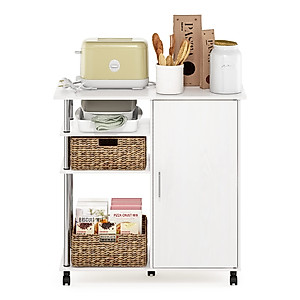 Furinno Helena Utility Kitchen Island and Storage Cart on Wheels, 4-Tier, Stainless Steel Tubes, White Oak/Chrome