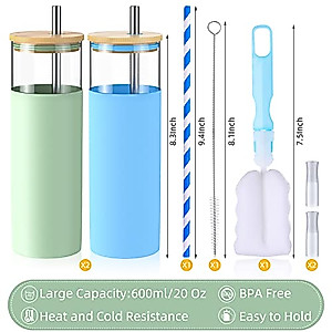 URMAGIC Glass Tumbler with Straws and Lids,2 Pack 20 Oz Cute Tumbler Cup,Spill Proof Glass Water Bottle With Silicone Protective Sleeve and Brushes,Iced Coffee Cups,Wide Mouth Boba Smoothie Cups