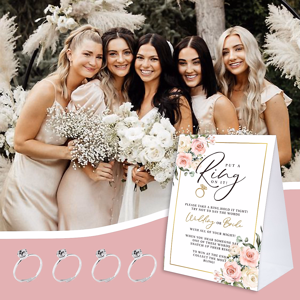 Bridal Shower Ring Game, Put a Ring On It Bridal Shower Game with 50 Fake Rings, Bridal Shower Decorations, Wedding Game, Bachelorette Hens Party Game for Guests - RG09