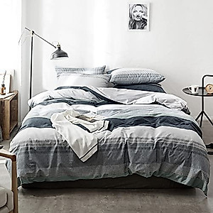 VClife Cotton Twin Duvet Cover White Grey Blue Stripe Comforter Quilt & Pillow Protector Cover Sets Simple Style Geometry Bedding Sets, 1 Twin Size Duvet Cover 68" x 86" & 2 Pillow Shams 20" x26"