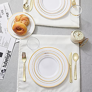 N9R 150PCS Gold Plastic Plates with Plastic Cutlery Set and Cups, Disposable Silverware include 25 Dinner Plates, 25 Dessert Plates, 25 Forks, 25 Knives, 25 Spoons, 25 Cups for Party and Wedding
