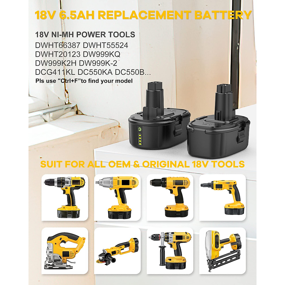 AYTXTG 2Pack 6.5Ah Lithium Battery Replace for Dewalt 18V XRP Ni-Cad Battery DC9096 DC9098 DC9099 DE9039 DE9095 + 2 Port DC9320 Fast Dual Charger for Dewalt 7.2V-18V XRP NI-CD NI-MH Battery