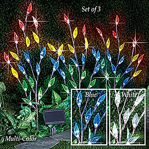 Collections Etc Bright Leaf Branch Solar Garden Lights with Adjustable Branches - Set of 3, Outdoor Decorative Accents, Blue, 60