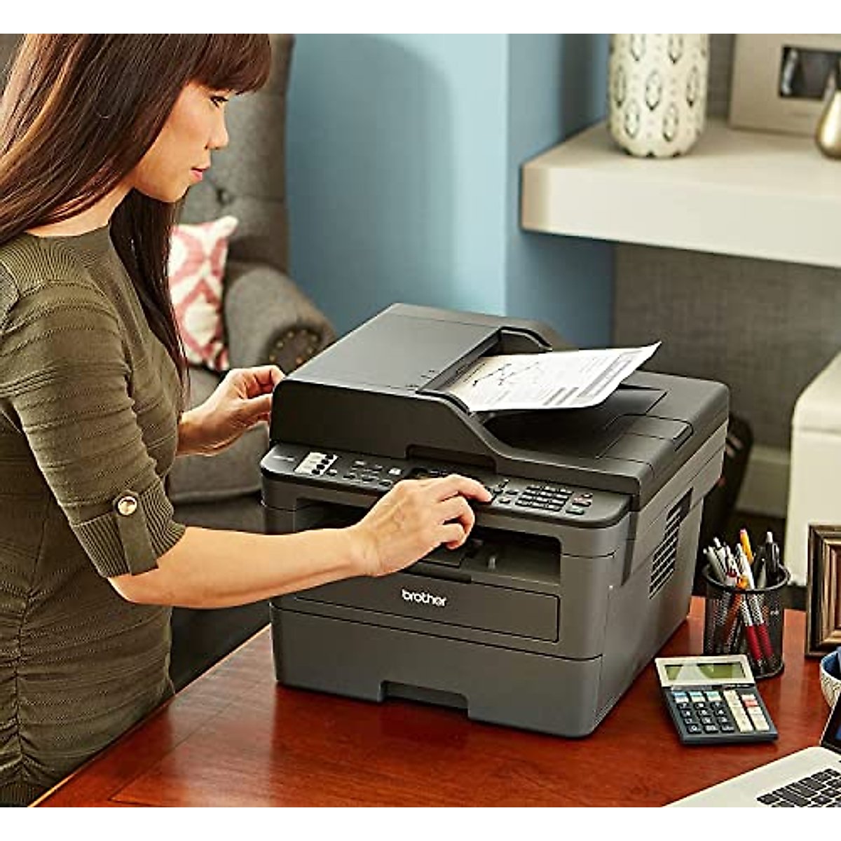 Brother MFC L26 Series All-in-One Laser Printer, Print, Copy, Scan, Fax - 26 ppm, 2400 x 600 dpi, 250 Sheets, Wireless, Mobile Printing, Auto 2-Sided Printing, with MTC Printer Cable