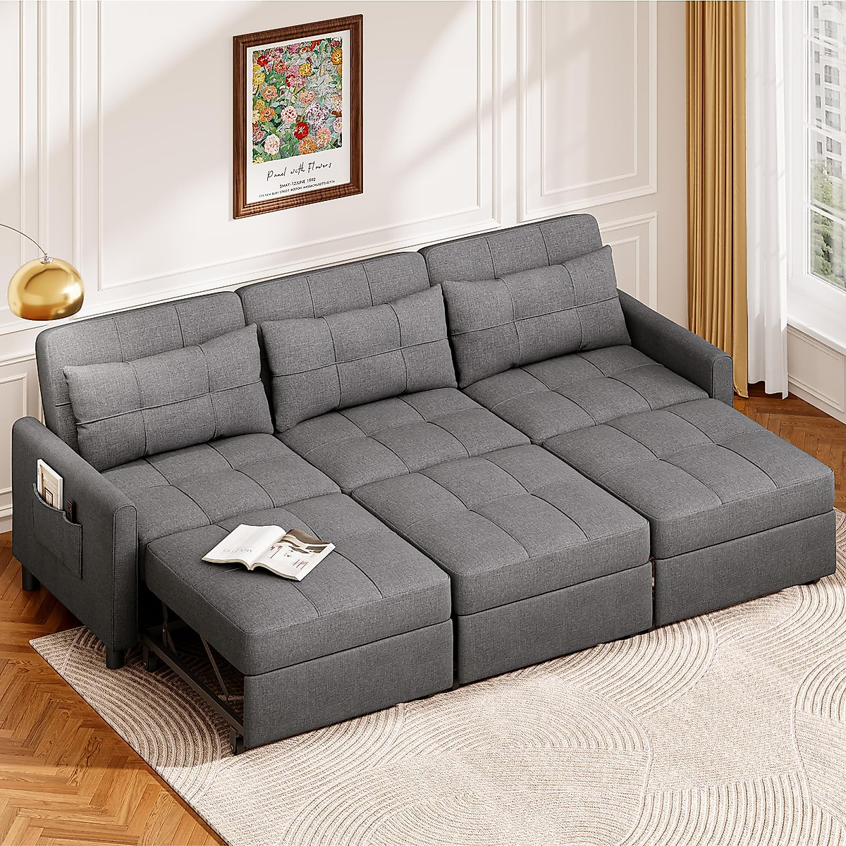 Aiho 84 Inch Convertible Sectional Sleeper Sofa, Pull Out Sofa Bed with Adjustment Backrest & Ottoman, Sectional Couch Bed for Living Room, Guest Room, Dark Grey