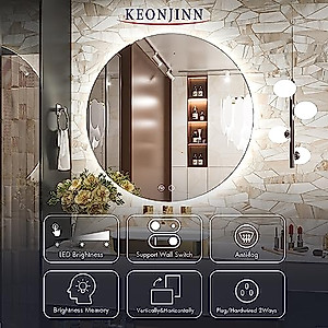 Keonjinn 36 Inch Backlit Mirror Bathroom LED Round Mirror 3000K/4500K/6000K Large Lighted Vanity Mirror Circle Mirror with Lights Dimmable Wall Mounted LED Bathroom Mirror Anti-Fog Makeup Mirror