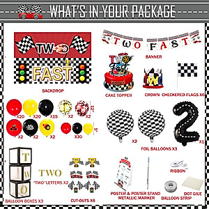 126 PCs Two Fast Birthday Decorations, Fiesec Race Car Theme 2nd Party Decorations Backdrop Balloon Garland Arch Banner Box Cutout Cake Topper Crown Poster Checked Flag Trophy Black Red