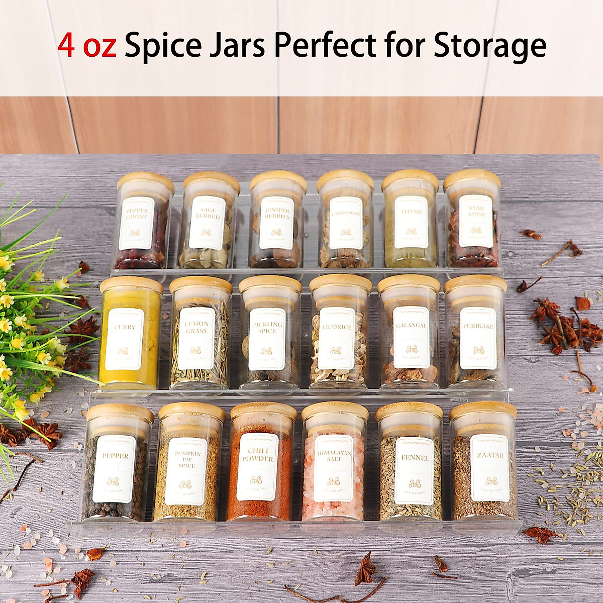 BGraceyy Spice Jars with Labels, 35 Pcs 4 oz Glass Spice Jars with Bamboo Lids, Minimalist Stackable Airtight Spice Containers with 426 labels for Home Kitchen, Pantry, Spice Cabinet, Drawer, Rack