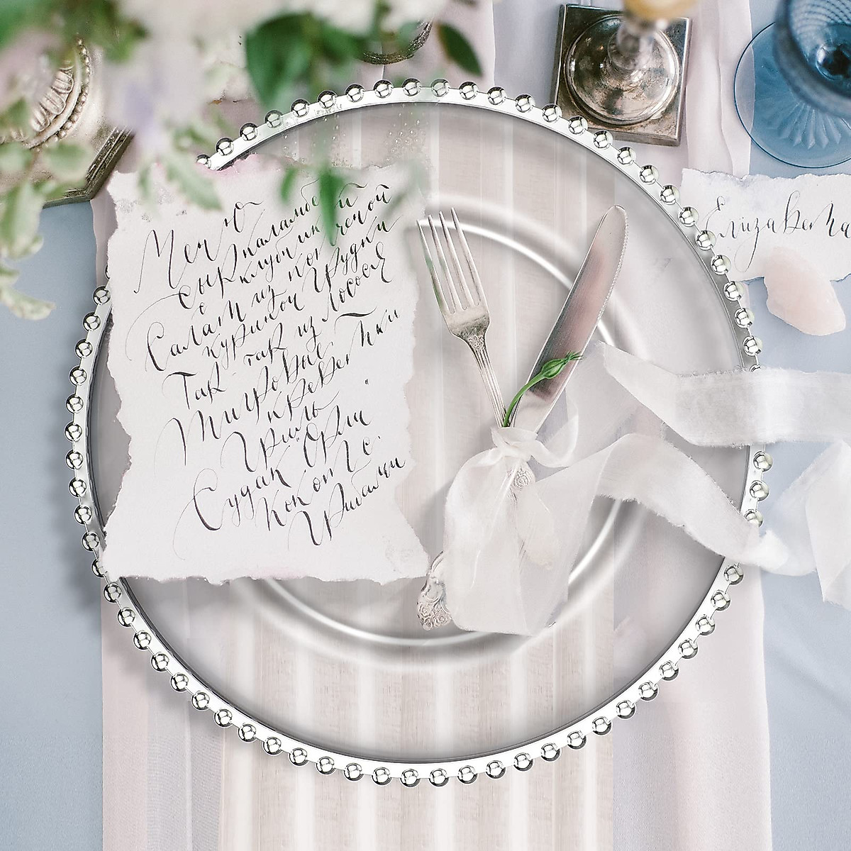 Weewooday 30 Pieces Silver Plastic Beaded Charger Plates 13 Inch Round Dinner Chargers Bead Clear Service Plates for Wedding Birthday Party Events Bridal Shower Dinner Tabletop Decoration