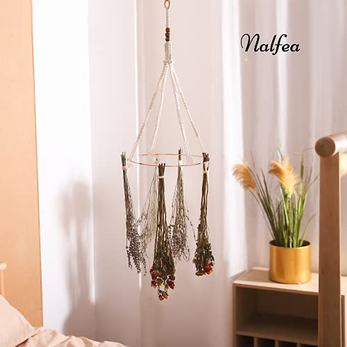 Herb Drying Rack Flower Drying - Boho Kitchen Decor Herb Dryer with Banana Hook - Handcrafted Macrame Mobile Hanging Drying Rack and Banana Hanger - Ready to Use with Ceiling Hook