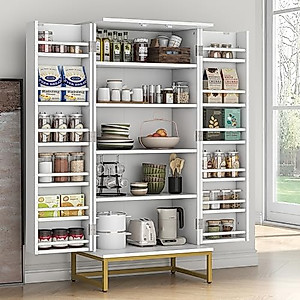 kepptory 51” Pantry Cabinets, White Freestanding Kitchen Pantry Storage Cabinet with Adjustable Shelves, Buffet Cupboards Storage Cabinet for Home Office Use, White + Gold