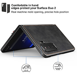 Foluu for Microsoft Surface Duo 2 Case, Surface Duo 2 Leather Case with Hand Strap, [Slim & Lightweight] PU Leather Back Cover Hard PC Holder Protective Phone Case for Microsoft Surface Duo 2 (Black)