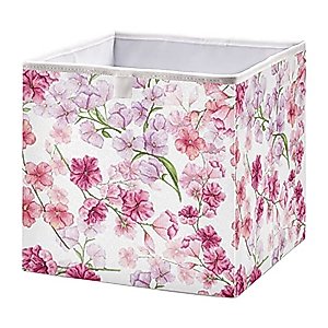 Kigai Pink Purple Flowers Cube Storage Bins - 11x11x11 in Large Foldable Cubes Organizer Storage Basket for Home Office, Nursery, Shelf, Closet