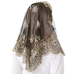 Spanish Mantilla Gold Chaple Veil Traditional Mass Church Mantilla Catholic Mass Head Covering First Holy Communion Latin Mass (black and gold)