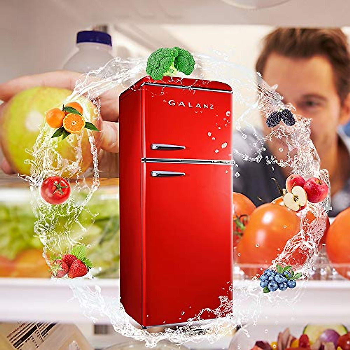 Galanz GLR10TRDEFR Retro Refrigerator with Top Freezer Frost Free, Dual Door Fridge, Adjustable Electrical Thermostat Control, 10.0 Cu Ft, Red