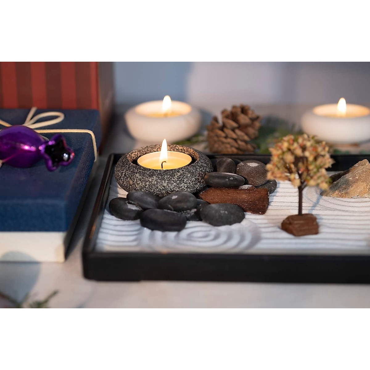 ICNBUYS Handmade Zen Garden Pebbles Candle Holder Set with Zen Garden Tools, Sand, Base Tray and Free Accessories