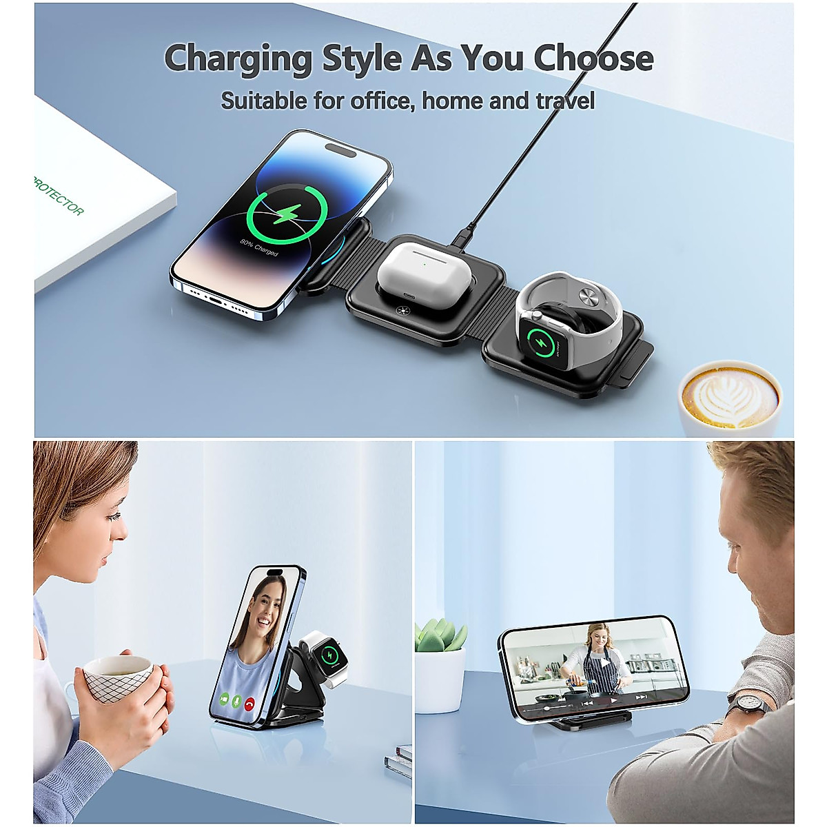 3 in 1 Charging Station for Apple Devices 20W Foldable Mag-Safe Charger for Travel Wireless Charger Pad for iPhone 15 14 13 12 Pro/Pro Max/Plus/Mini AirPods 2/3/Pro iWatch Ultra/8/7/SE/6/5/4/3/2
