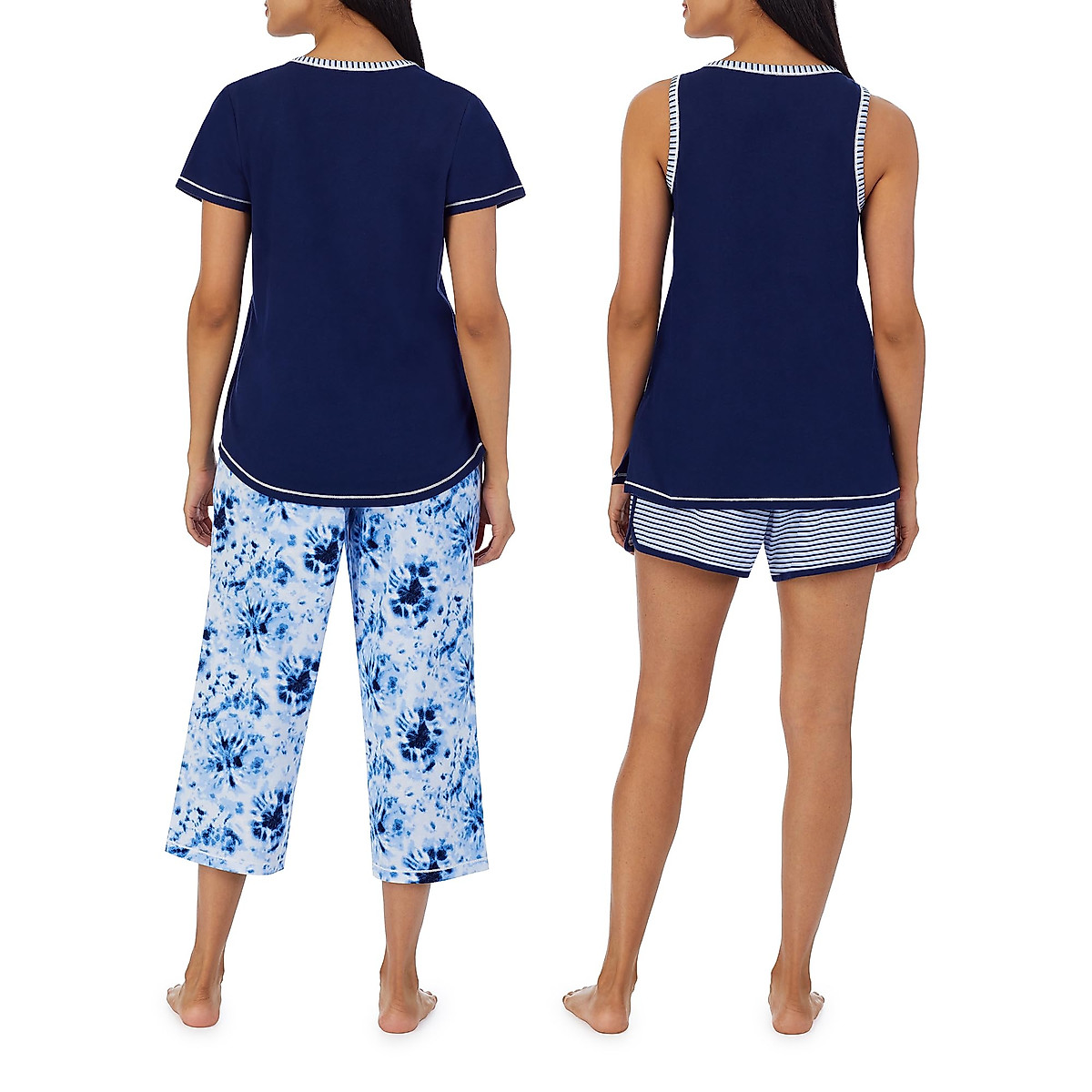 Carole Hochman Women's 4-Piece 100% Cotton Pajama Set – V-Neck T-Shirt, Tank, Capri Pants & Shorts with Drawstring & Pockets, Medieval Blue, X-Large