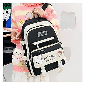 SAMAHBOE Kawaii Backpack set 5 Pcs School Backpack Cute Aesthetic Backpack Set Aesthetic School Bags Cute Bookbag with Badge& Plush Pendan,Shoulder Bag,Pencil Box,Tote Bag,Small Bag