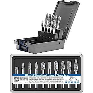 10 Pcs Carbide Burr Set 1/4 Shank w/Beech Holder and Case Die Grinder Grinding Drill Bits for Metal Wood Stone Weld Deburring Rotary Tool Attachment Accessories Rasp Compatible with Milwaukee DeWALT
