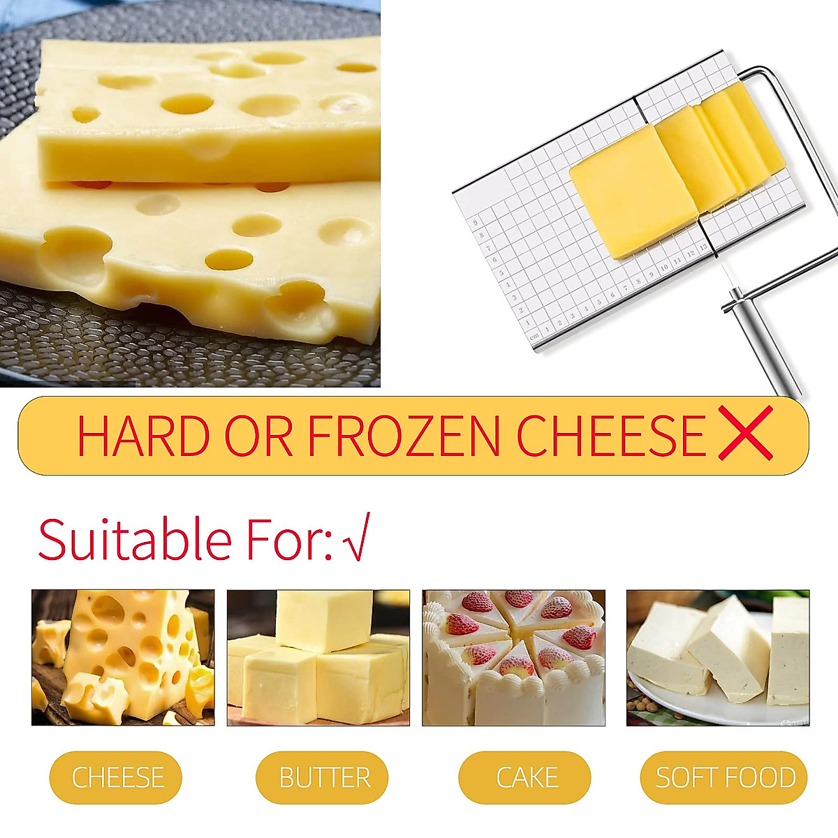 JONINGER Cheese Slicer, Stainless Steel Cheese Cutter with Scales Cheese-Slicer Board with 5 Replacement Wires