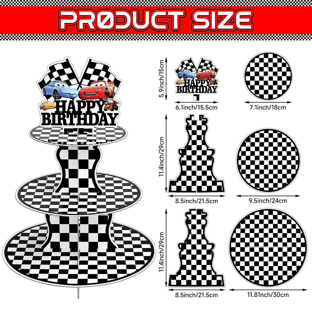 BACUTHY 2 Pack Race Car Cupcake Stands Birthday Party Supplies, Two Fast Cars Decorations Truck Theme Favors - 3 Tier Cardboard Cup Cake Holder Tower