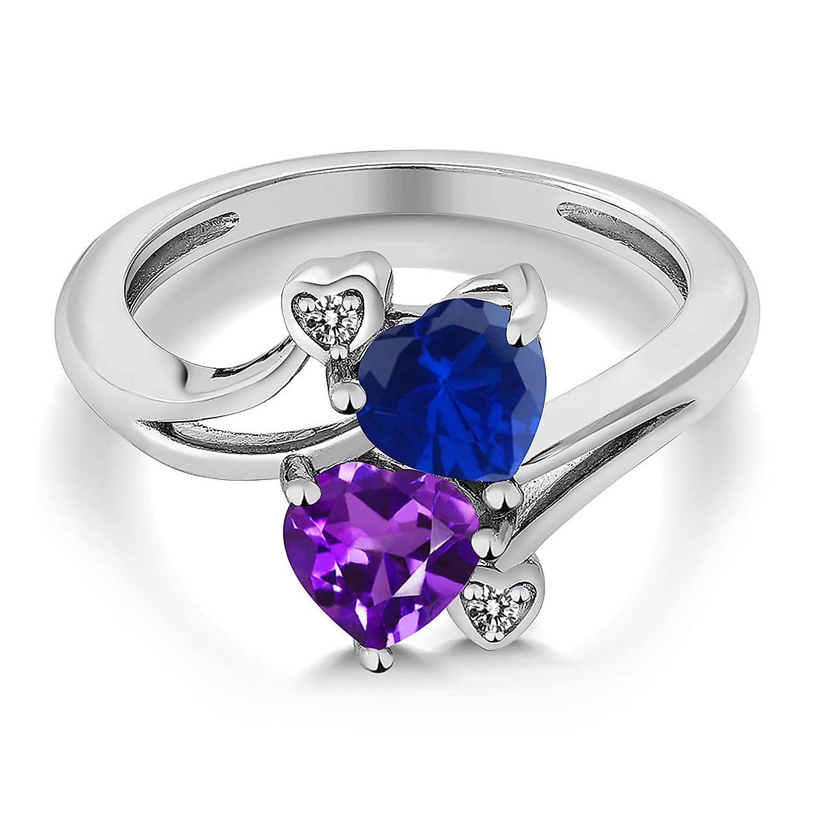Gem Stone King 925 Sterling Silver Blue Created Sapphire Purple Amethyst and White Diamond Ring For Women (1.48 Cttw, Heart Shape 6MM, Gemstone September Birthstone, Available In Size 5, 6, 7, 8, 9)