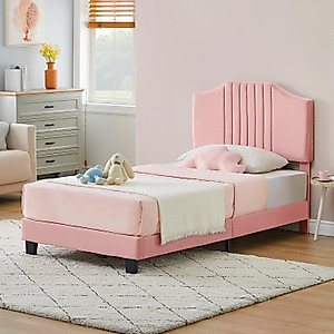 IDEALHOUSE Twin Bed Frame Upholstered Platform with Headboard, Strong Frame and Wooden Slats Support, Velvet Fabric Wrap, Non-Slip and Noise-Free,No Box Spring Needed, Easy Assembly, Pink