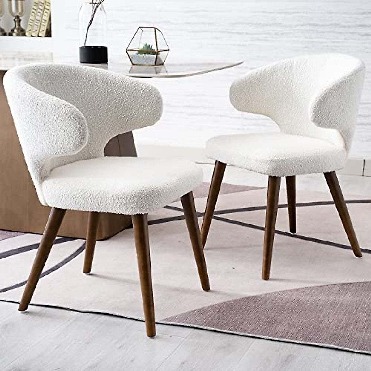 HNY Mid Century Modern Dining Chairs Set of 2, Upholstered Curved Wingback Accent Arm Chairs, Faux Sherpa Side Chairs with Solid Wood Legs, White