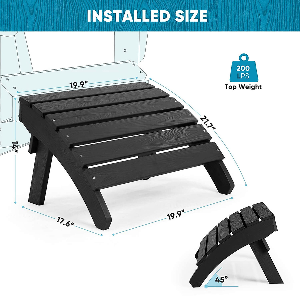 hOmeQomi Adirondack Ottoman Set of 4, Plastic Folding Adirondack Footstool, All Weather Ottoman for Adirondack Chairs, Widely Used for Outdoor, Porch, Patio, Garden, Poolside, Fire Pits - Black