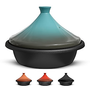 Kook Moroccan Tagine, Enameled Cast Iron Cooking Pot, Tajine with Ceramic Cone-Shaped Closed Lid, 3.3 QT (Stone Blue)