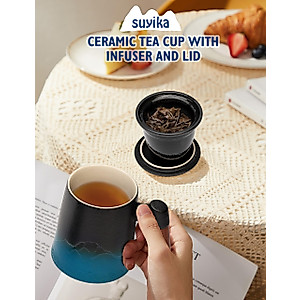 suyika Tea Cup with Infuser and Lid, 15.2 Ounce Wood Handle Ceramic Loose Leaf Tea Mug,Embossed Tea Steeping Mug for Gifts, Gradient Black&Blue 450ml