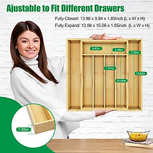 BAMBUROBA Drawer Dividers Silverware Tray Expandable Utensil Cutlery Tray Bamboo Wooden Adjustable 4 Compartments Flatware Organizer Kitchen Storage Holder for Knives Forks Spoons