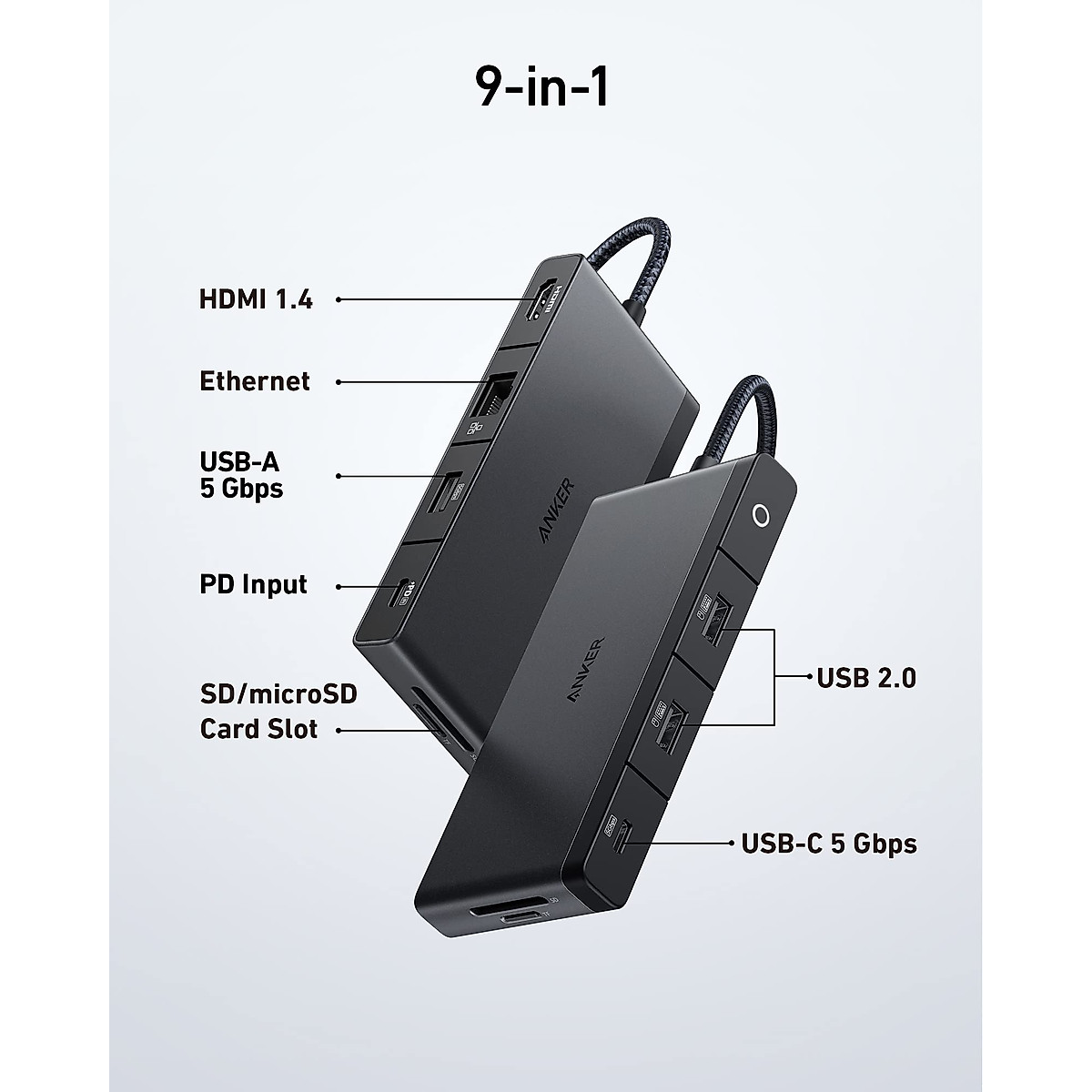 Anker USB C Hub, 552 USB-C Hub (9-in-1, 4K HDMI) with 100W Power Delivery, 4K@30Hz HDMI, 4 USB-C and USB-A Data Ports, Ethernet and SD/microSD Card Slot & New Nylon USB C to USB C Cable 100W 10ft