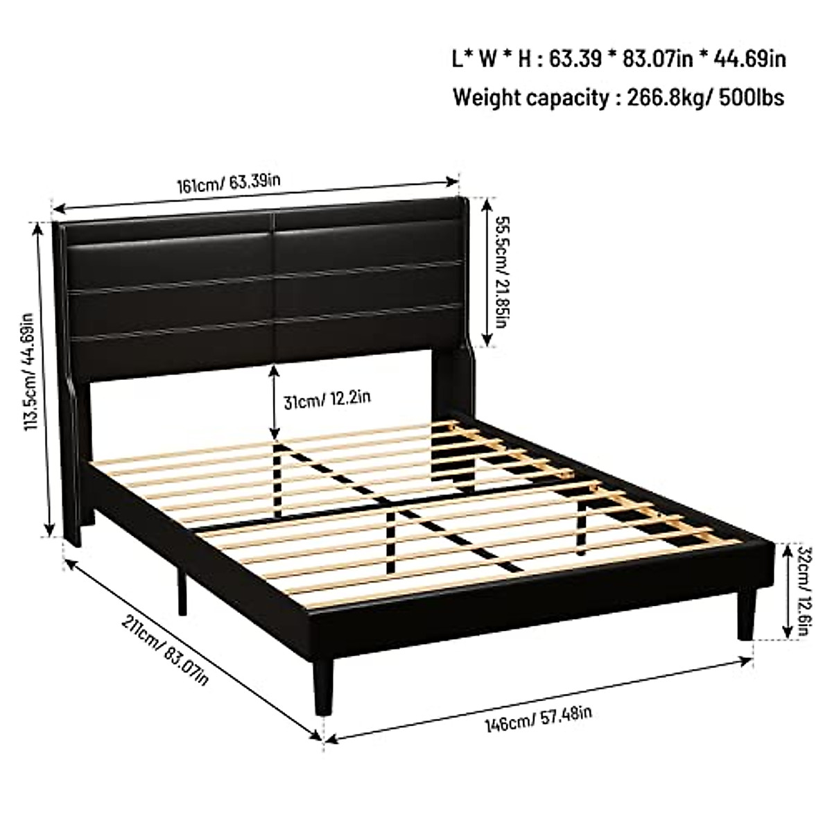 Arisaniasion Queen Size Bed Frame with LED Light Square Stitched Adjustable Headboard Strong Bed, Remote Control Control LED Lights, No Box Spring Needed, Noise Free, Easy Assembly (Black)