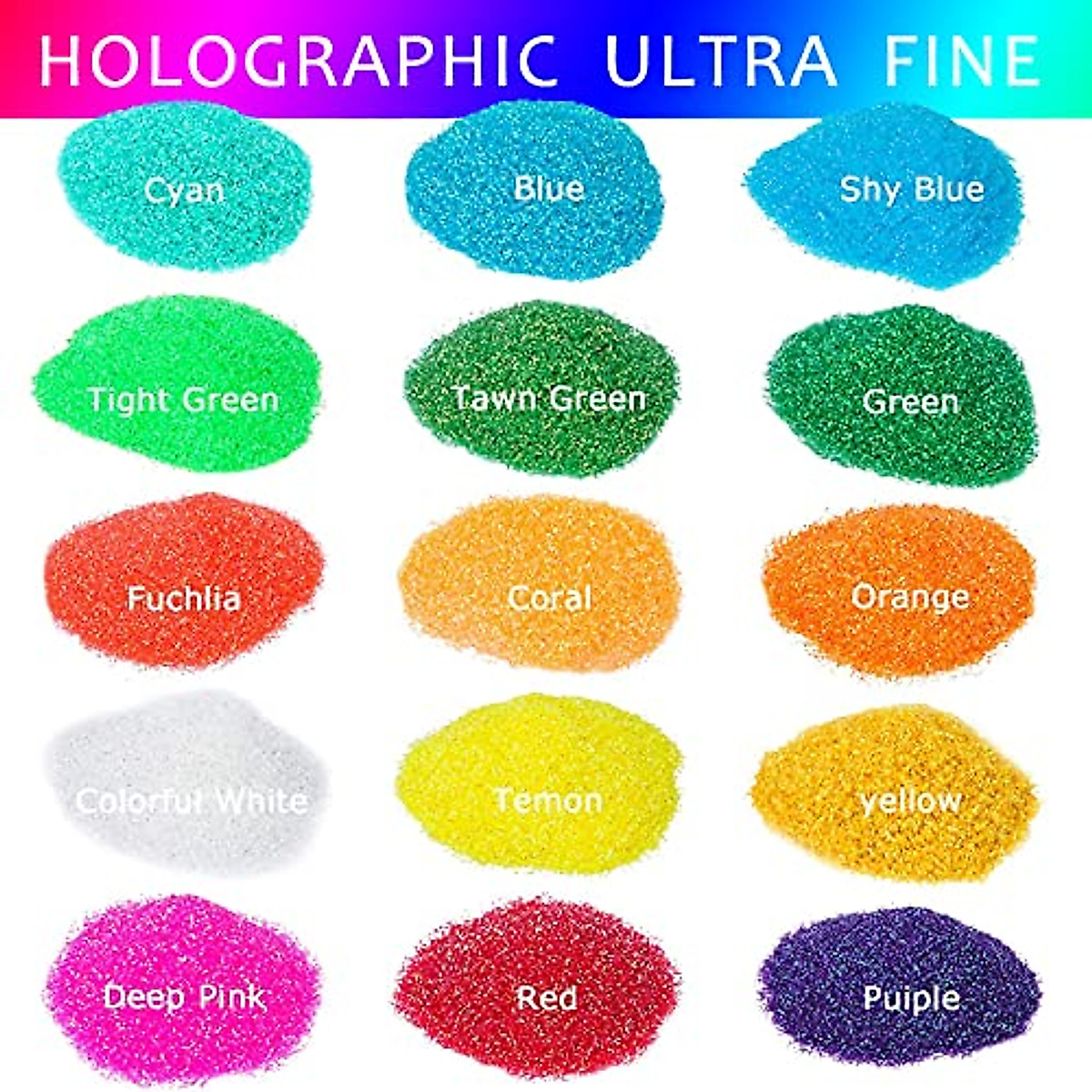 Rainbow Ultra Fine Glitter, 15 Colors Holographic Resin Glitter(Each 0.35oz), Extra Fine Craft Glitter for Tumbler, Slime, Resin Arts, DIY, Nail Art