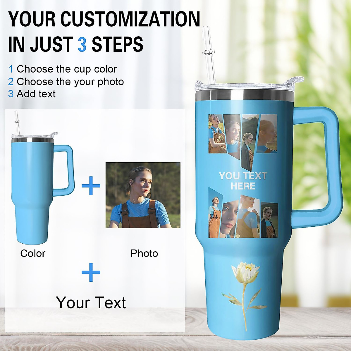 Personalized Gifts Custom Tumbler with Straw 40 Oz Customized Stainless Steel Insulated Travel Cup Add Name,Photo,or Logo,Custom Travel Coffee mug,Personalized Photo Gifts for Women Men