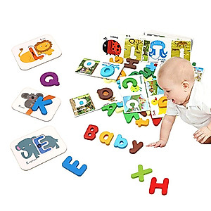 Vankcp 26Pcs Wooden Letters Card Numbers Alphabets ABC Flash Cards Set Montessori Animal Color Cognition Matching Puzzle Game