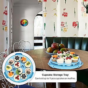 BSTKEY Portable Cake Carrier with Lid and Handle, Cake Turntable + Cupcake Storage Tray for Transport, 10" Round Cake Container Holder with Two Sided Base for Pies Nuts Fruit Cookies, Blue