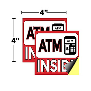 ATM Inside Vinyl Sign, 4" x 4" Sticker Decal, 2 Pack, Red and White, Self- Adhesive