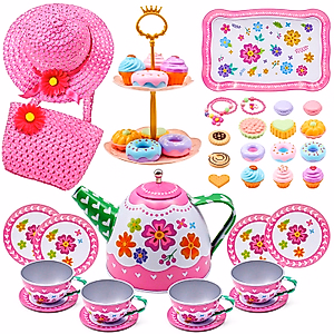 34PCS Kids Tea Party Set for Little Girls, Tin Tea Set Pretend Play with Girl Purse & Tea Party Hat Jewelry Set, Teapot Tea Cups Play Dishes, Birthday Gift Toys for Toddler Girl Kid Age 3+