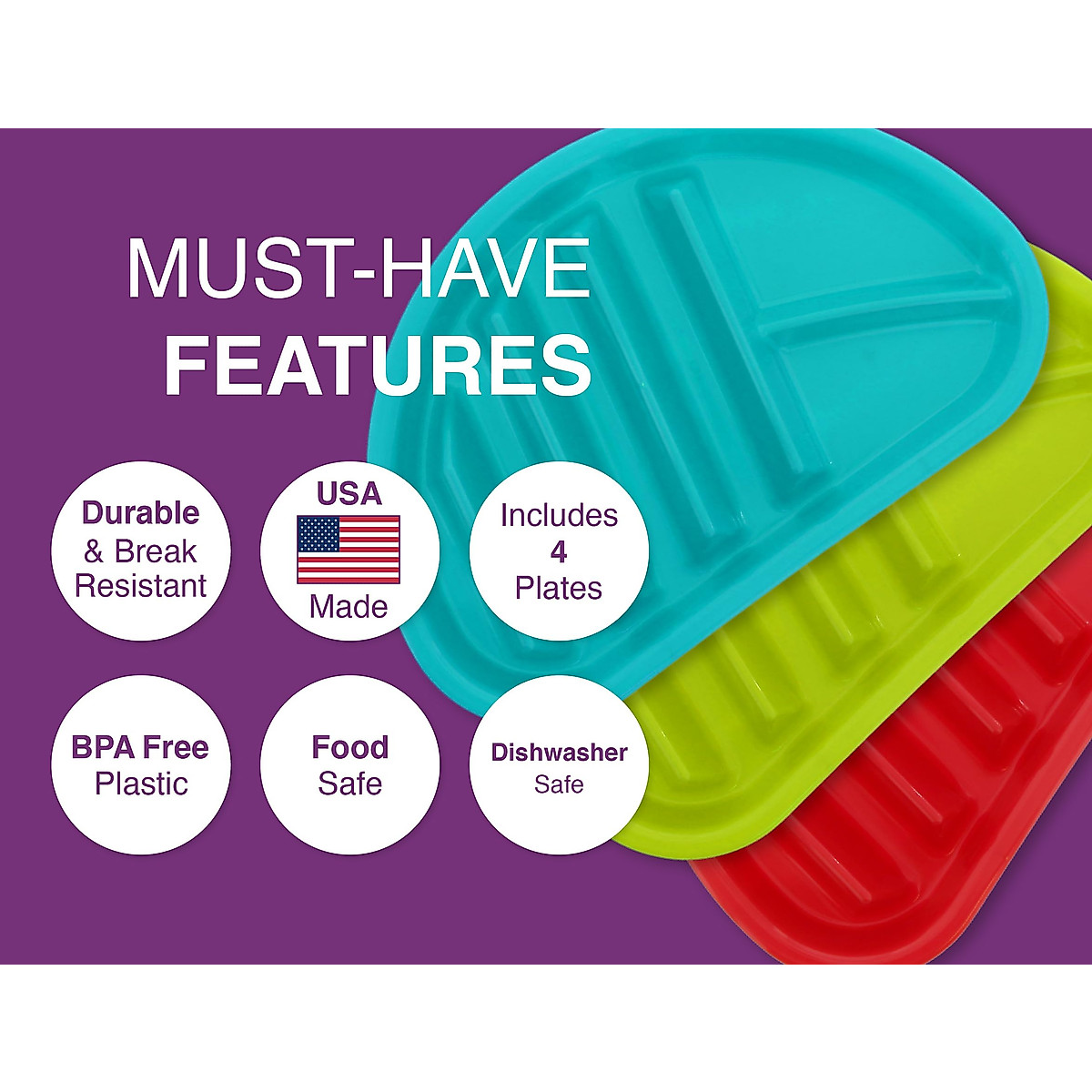 Arrow Home Products Fiesta Taco Plate, 4 Pack - Each Plate Includes 3 Taco Holders Plus 2 Compartments - BPA Free Plastic, Made in the USA, Dishwasher Safe - Teal Blue