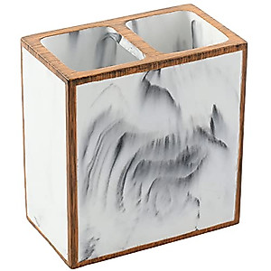 MyGift 4 Piece Marbled Design White and Black Resin Bathroom Countertop Accessories Set with Decorative Wood Trim Includes Pump Lotion Dispenser, Tumbler, Toothbrush Holder and Soap Dish