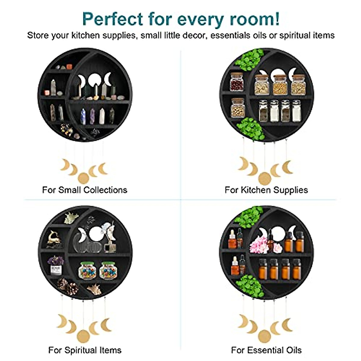 Ella & Emma Wooden Moon Shelf for Crystals - Crescent Moon Crystal Shelf, Crystal Storage & Wall Hanging Shelves for Bedroom Aesthetic, Moon Phase Wall Decor & Crystal Display Shelf, Pinewood, Black