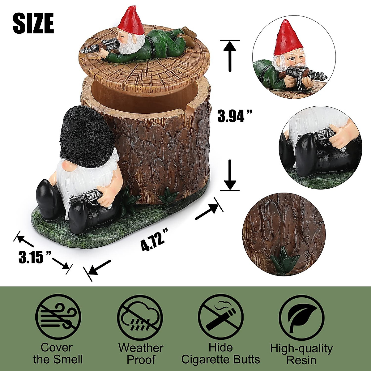 MOOTKA Gnome Gun Ashtray, Smoking Ash Tray with Lid, Ashtrays for Cigarettes as Handmade Home Decor Outdoor Use, Cool Resin Windproof Ashtrays Ash Tray Sets in Office Bar Hotel