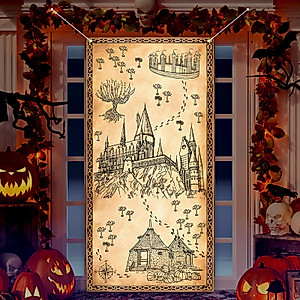 Magical Witch Wizard Halloween Door Cover Hogwarts Photo Backdrop Halloween Birthday Party Decorations and Supplies for Home