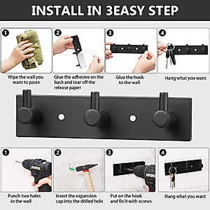 Key Holder for Wall Set of 2 Adhesive Key Holder Stainless Steel 3 Key Hooks Holder Rack Modern Key Hooks Hanger for Wall Home Kitchen Entryway Hallway Office Cabinet Bathroom (Black)