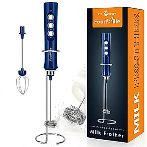 FoodVille MF02 Rechargeable Milk Frother Handheld Foam Maker with Stainless Whisk for Cappuccino, Latte, Bulletproof Coffee, Keto Diet, Protein Powder, Matcha (Classic Blue)