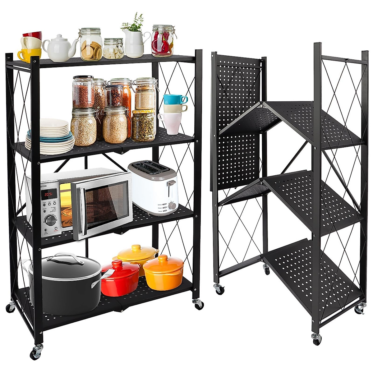 Lanstics 4 Tier Foldable Folding Shelves Heavy Duty Storage Shelving with Wheels Metal Shelf Standing Shelves Units for Home Kitchen Living Room Black