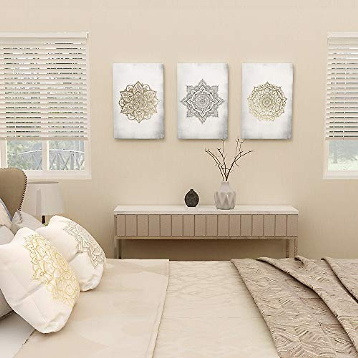 SUMGAR Boho Wall Art Bathroom Gold Mandala Framed Paintings 3 Piece Grey Flowers Pictures Gray Floral Canvas Prints Bedroom Indian Artwork Yoga Spa Bohemian Home Decorations Geometric Decor,12x16 in